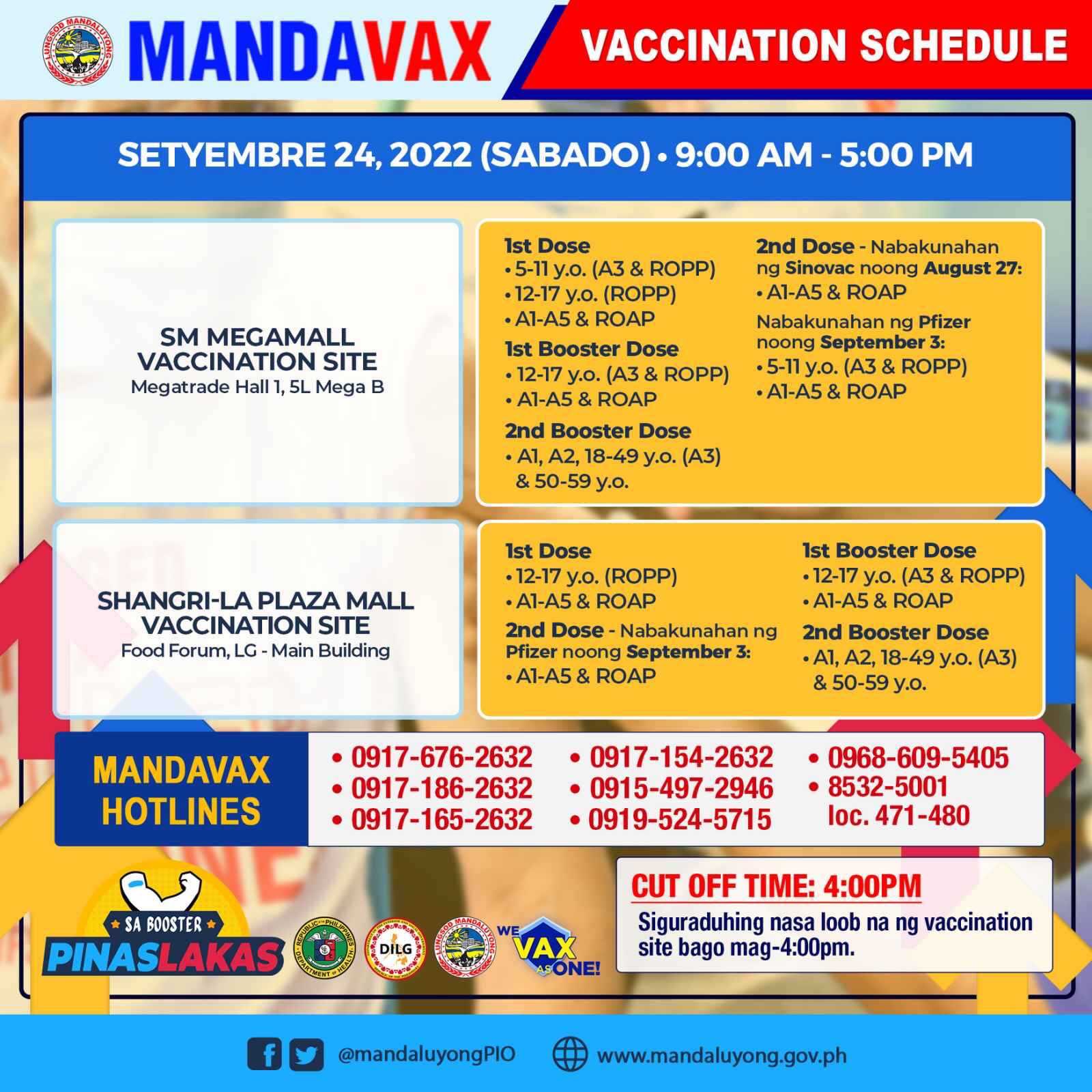 MandaluyongPIO on Twitter: "MANDAVAX VACCINATION SCHEDULE SETYEMBRE 24, 2022 (SABADO) 9:00 AM-5: ...