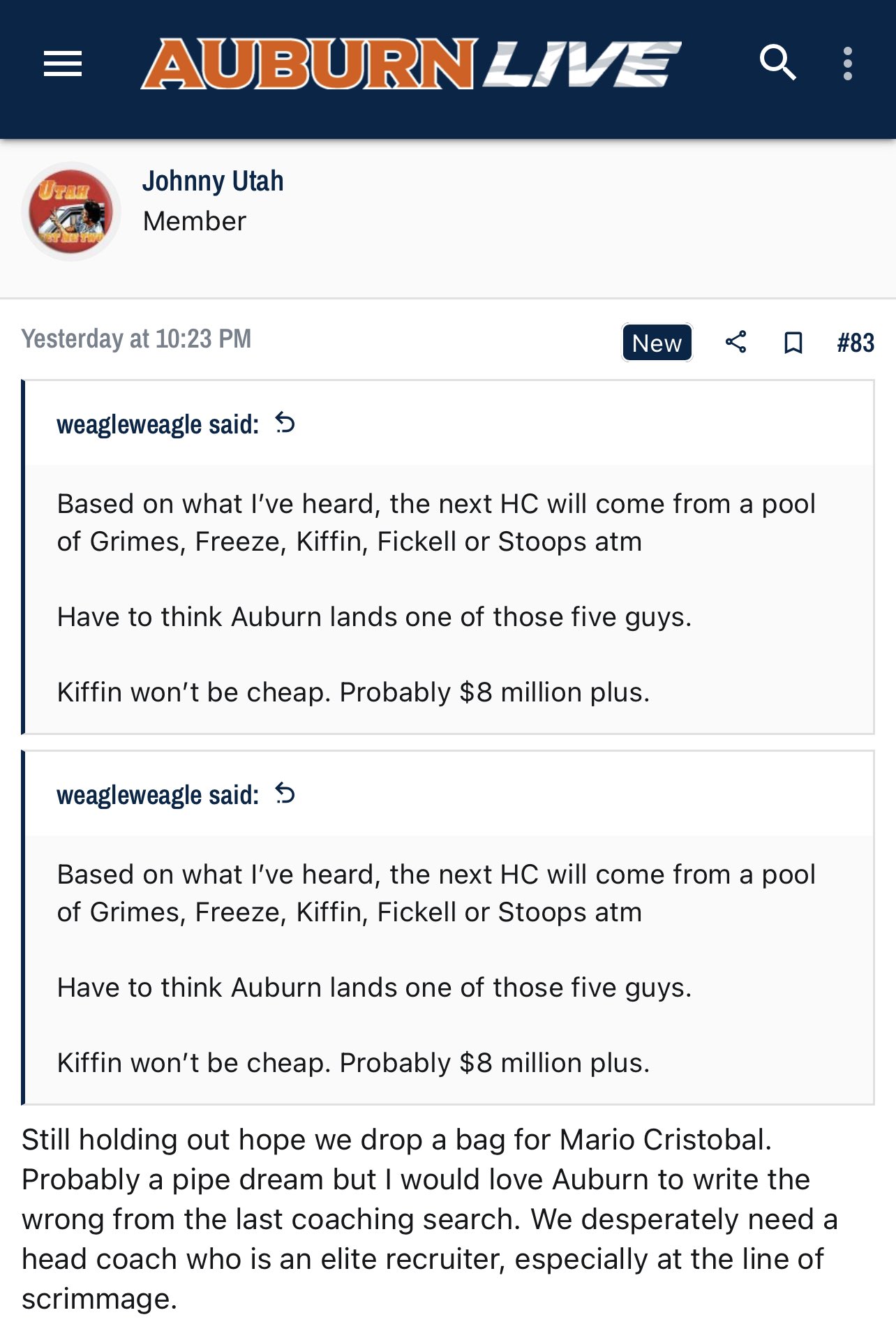 Message Board Geniuses on Twitter: "Mario Cristobal to #Auburn?!? https://t.co/CvG51eXytP" / Twitter
