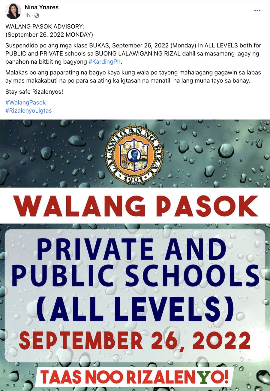 CNN Philippines on Twitter: "#WalangPasok: Rizal province Gov. Nina Ynares suspends classes in ...