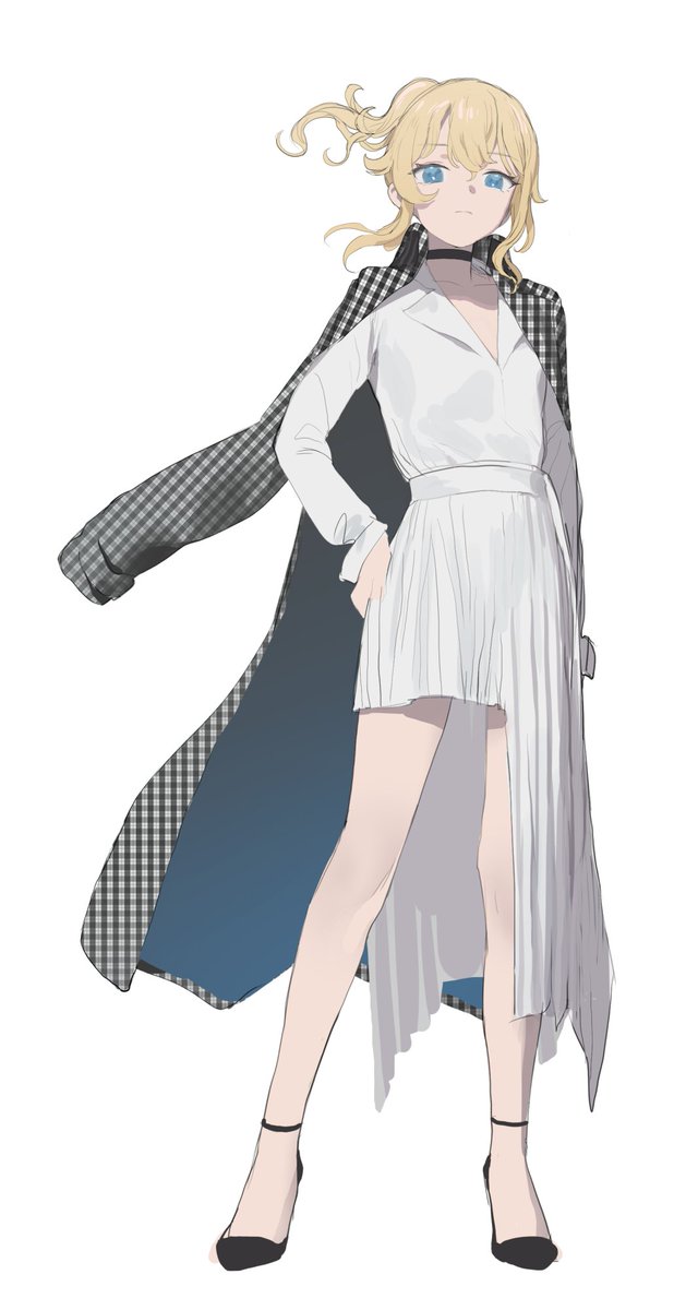 1girl Solo Blonde Hair Blue Eyes Jacket On Shoulders White Background