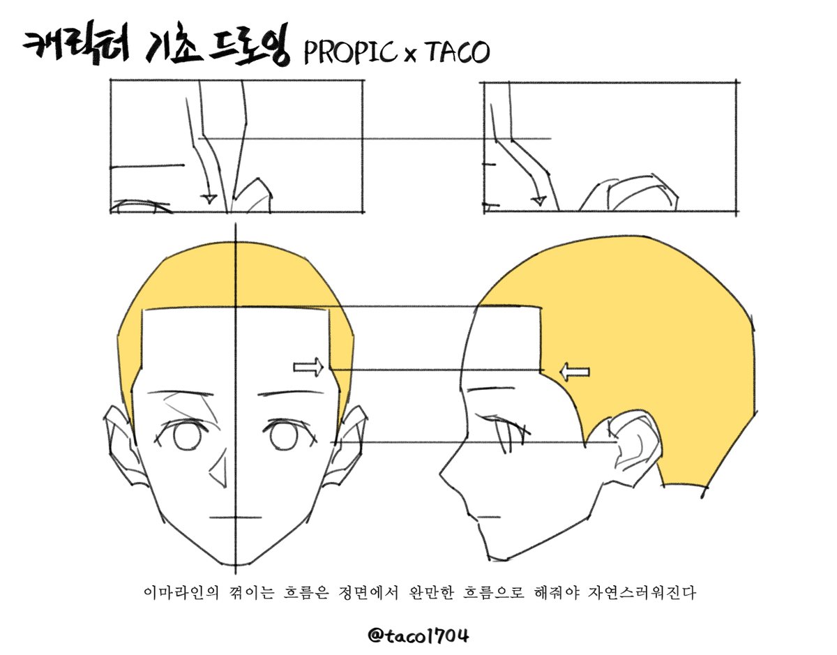 타코작가 On Twitter 이마라인의 꺾이는 흐름은 정면에서 완만한 흐름으로 해줘야 자연스럽게 보인다