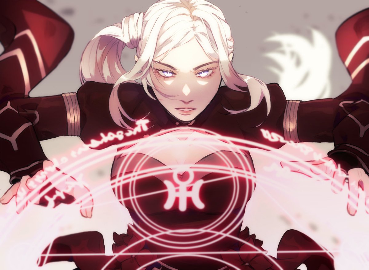 edelgard von hresvelg 1girl magic circle solo side ponytail white hair breasts long hair ...