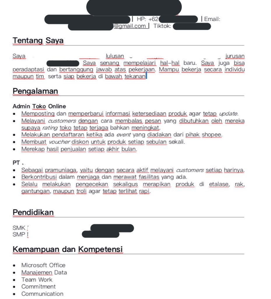 BACA RULES DI (bit.ly/worksfess) on Twitter: "Work! Minta tolong review cv sender ada yg salah ...
