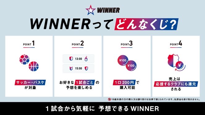 スポーツくじ on Twitter: "スポーツくじ（toto・BIG）に 新しい仲間『WINNER』が誕生！ ・J1,2,3/B1,2の全試合から選べる ・1試合ごとに予想を楽しめる ・売上 ...