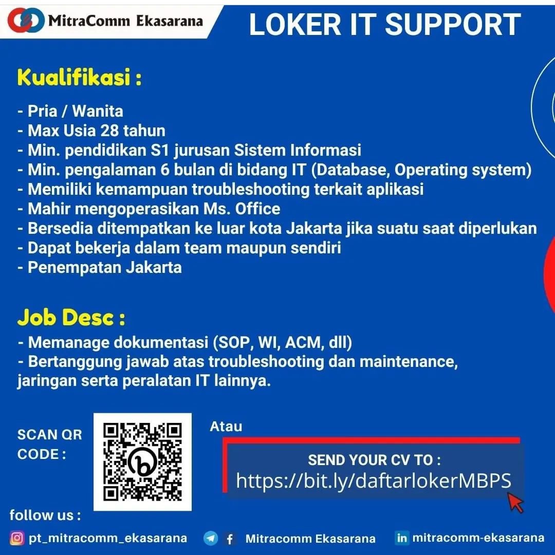 hrdbacot on Twitter: "RT @info_loker_it: PT Mitracomm Ekasarana membuka lowongan untuk posisi ...
