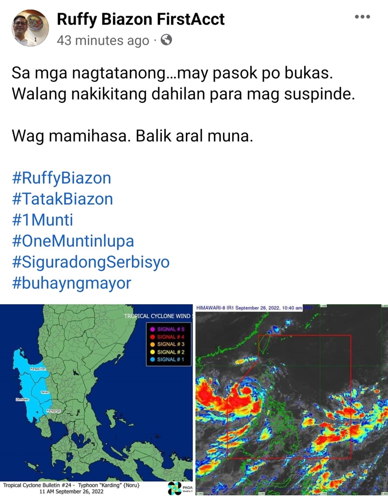 Manila Bulletin News on Twitter: "JUST IN: Muntinlupa Mayor Ruffy Biazon announced that classes ...