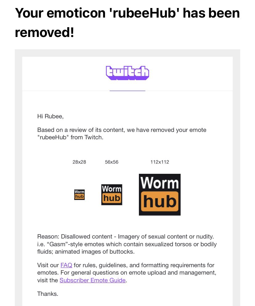 Rubee 🪱 Vtuber on Twitter: "RIP OUR WORMHUB EMOTE 😭 ARE YOU SERIOUS @ TWITCH???"