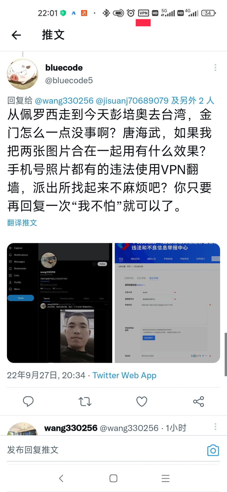 bluecode on Twitter: "@wang330256 还真得夸你这贴。截图上VPN都显示了，你是表示自己等派出所同志找你时候绝不抵赖对吧？下次举报你时候我一起给你送上去 ...