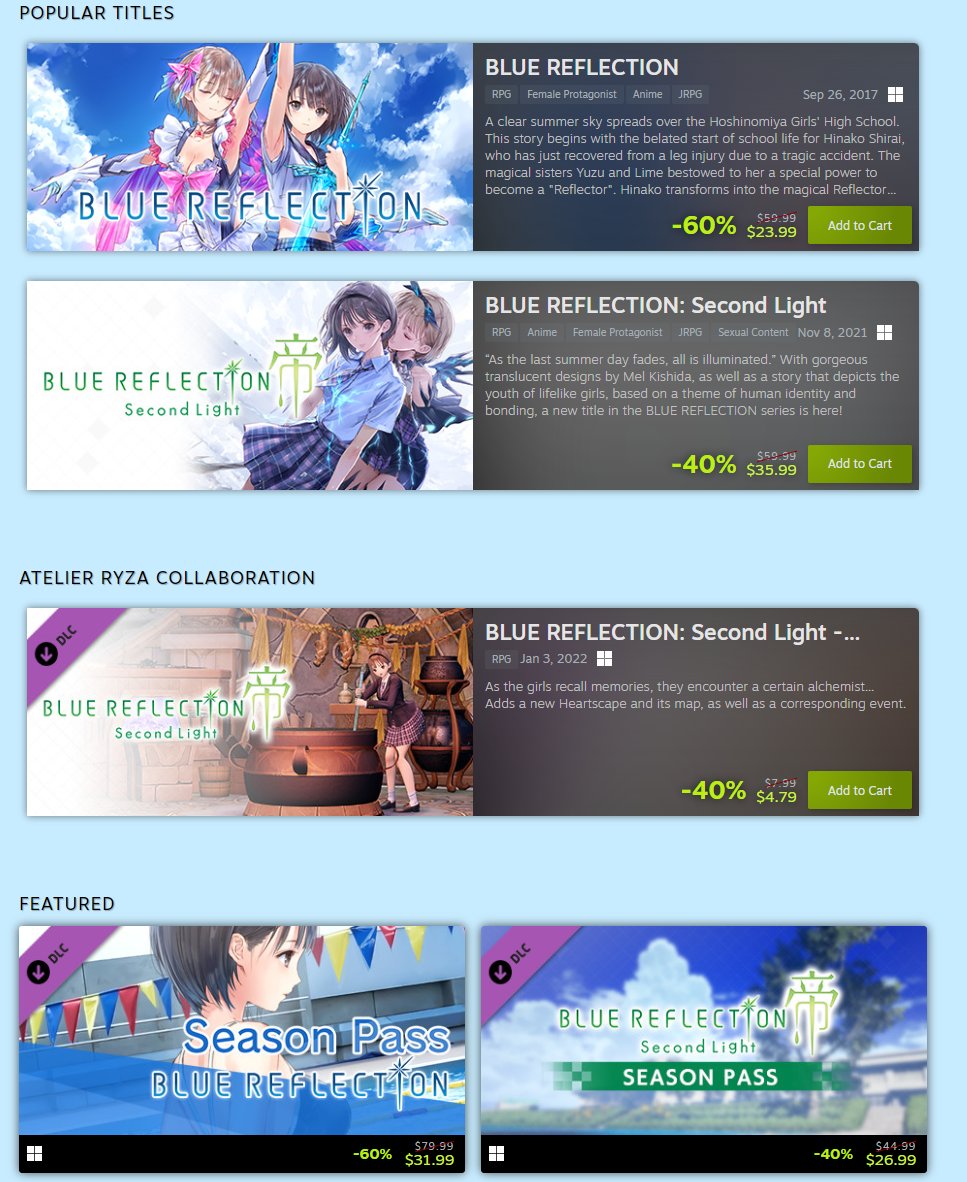 Wario64 on Twitter: "Blue Reflection franchise sale on Steam https://bit.ly/3Rx5b8B"
