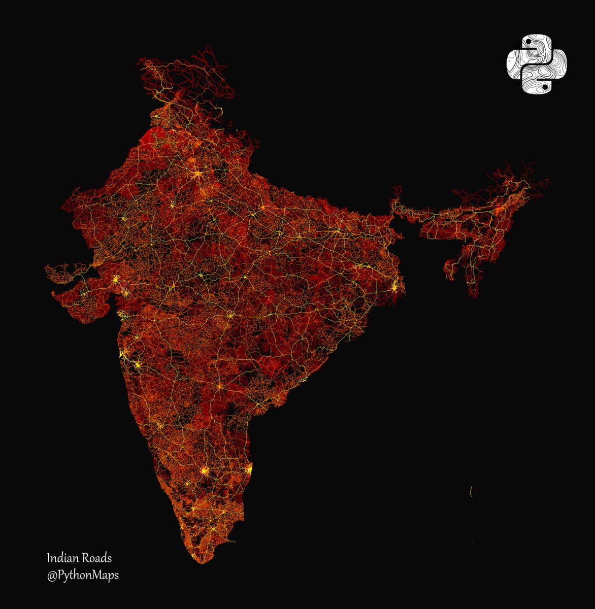 Python Maps On Twitter Roads Of India Shows All Roads From Highways Yellow Down To Lanes