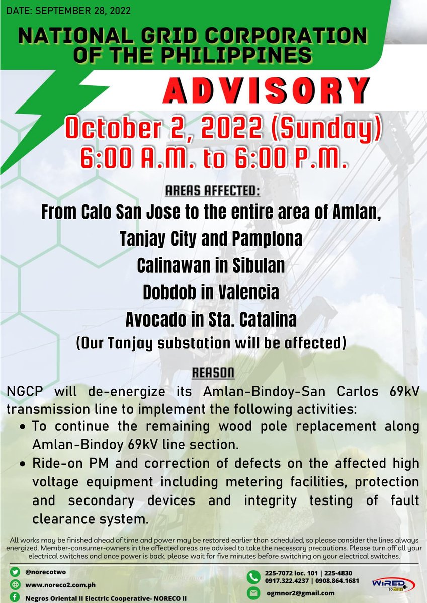 Event - NGCP advisory of scheduled power interruption on October 2 ...