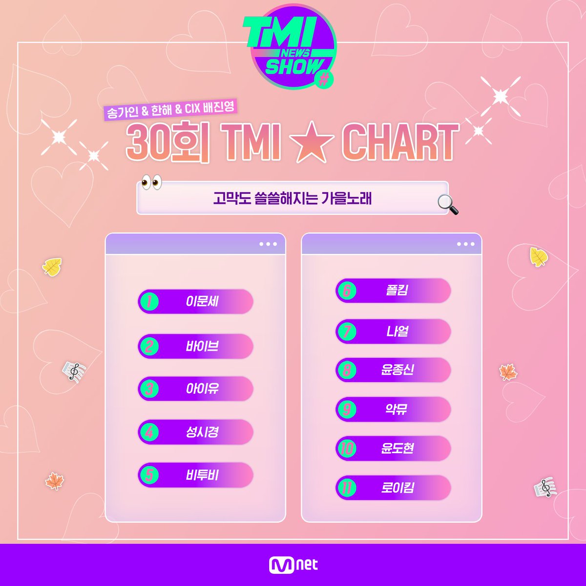 [#TMINEWSSHOW] 30회 TMI ★ CHART 한 눈에 보는 '고막도 쓸쓸해지는 가을노래' 가을 감성 듬뿍 담긴 가을노래가 궁금하다면 지금 바로 확인🙌 ...