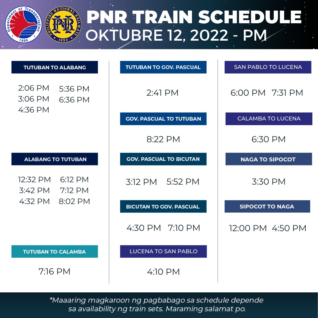 PNR_GovPH on Twitter: "ANNOUNCEMENT: Philippine National Railways (PNR) TRAIN SCHEDULE NGAYONG ...