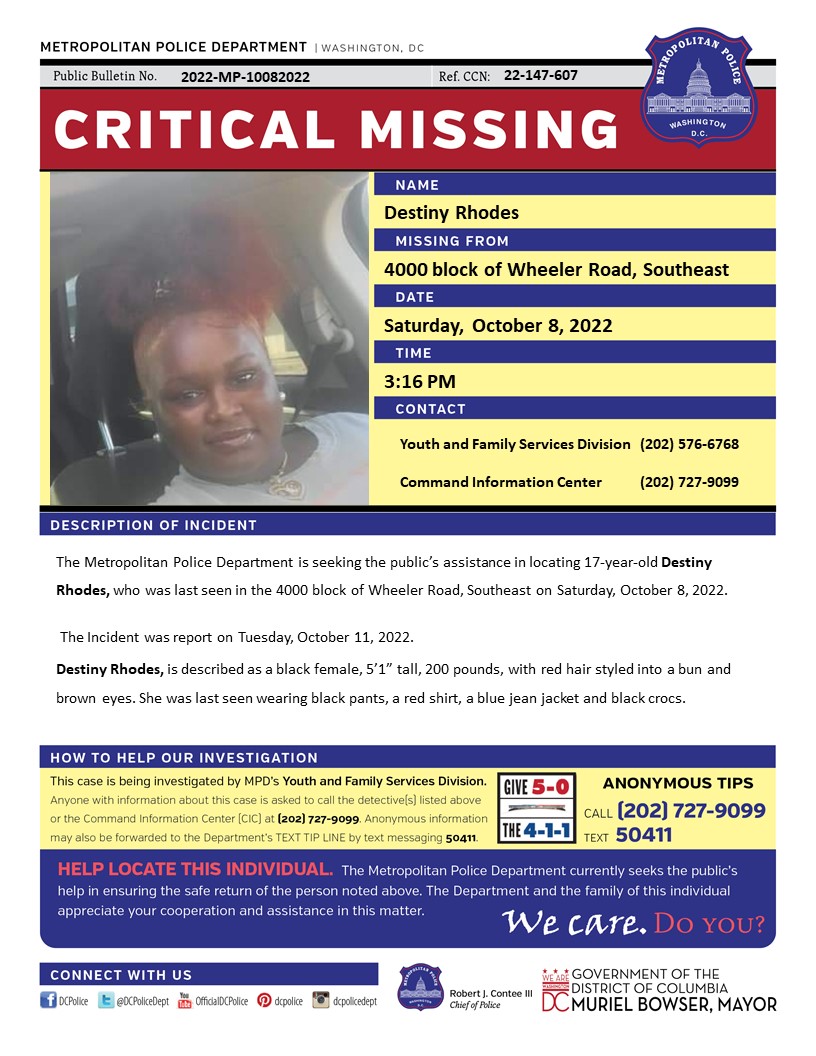 Critical MissingPerson 17-year-old Destiny Rhodes, who was last seen in ...