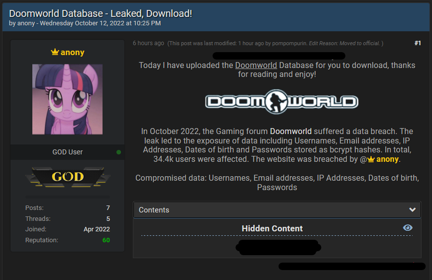 Powered by id Tech on Twitter: "🚨 Doomworld Users 🚨 The site had a massive data breach Users ...