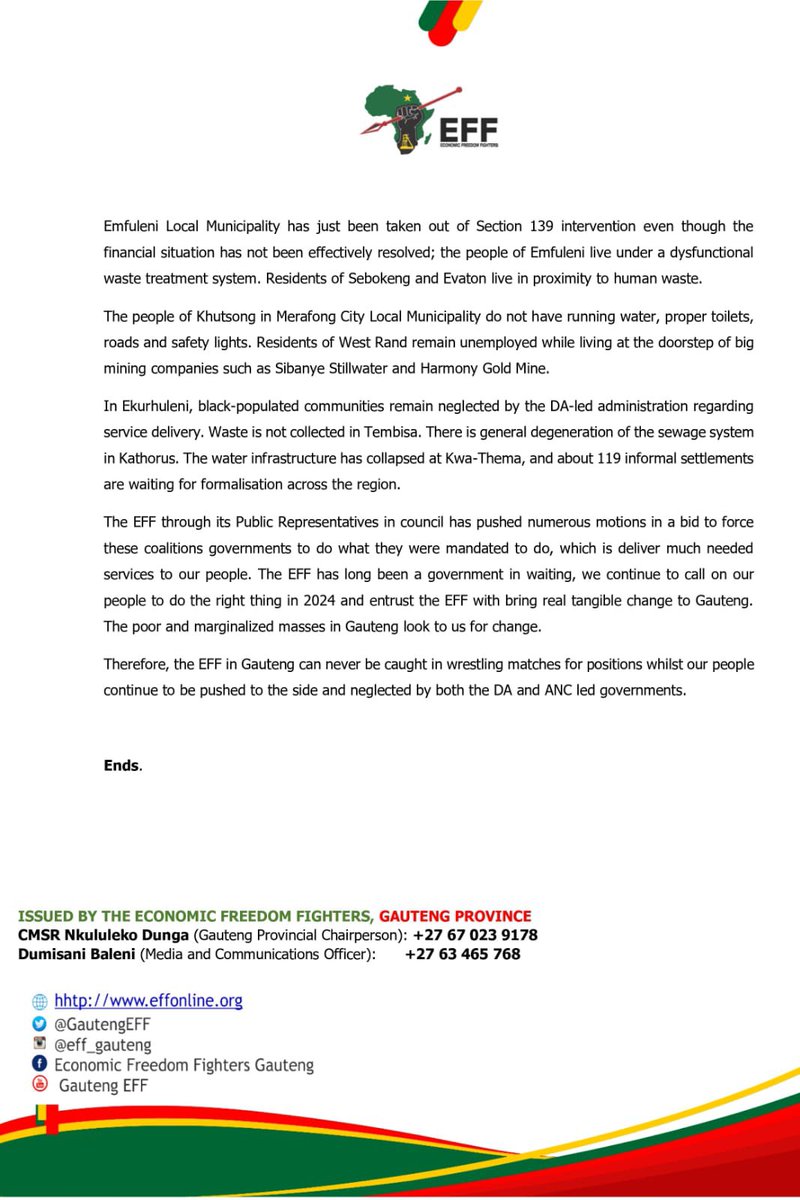Julius Sello Malema on Twitter: "RT @EFFGautengProv: EFF Gauteng Statement following the motion ...