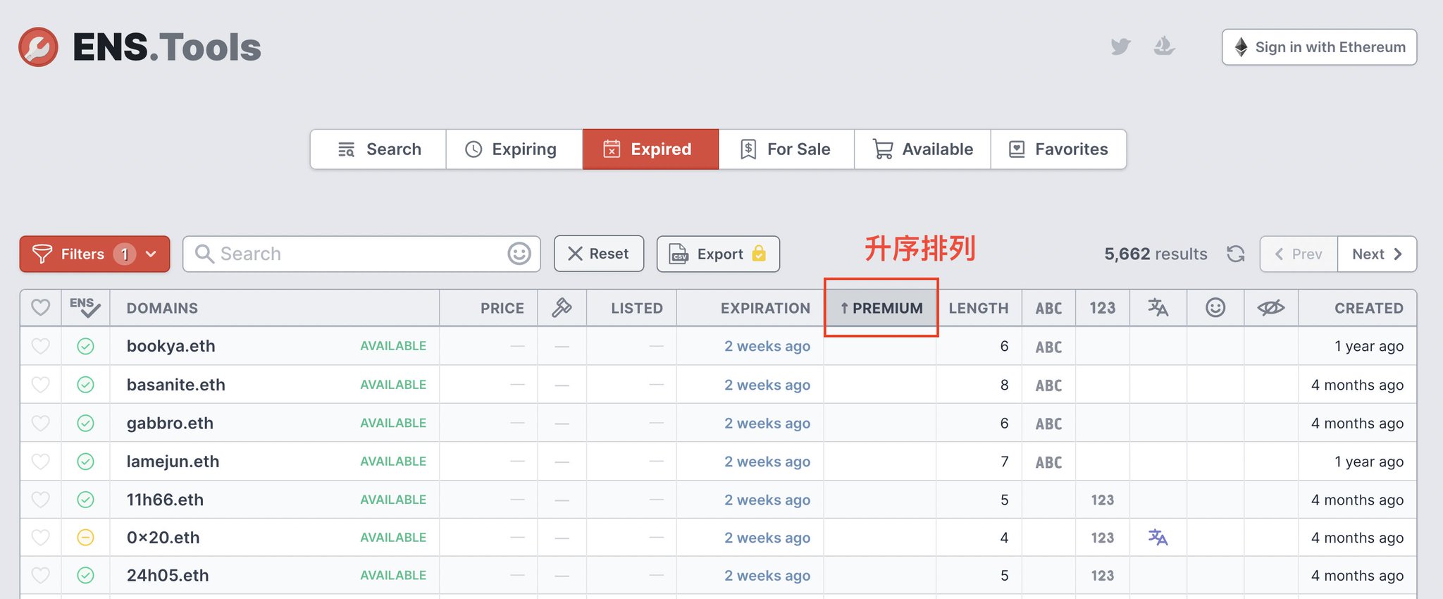 Taiji.He☯️ on Twitter: "如何查找过期ens域名，以3字母为例： 1、访问https://t.co/ZYKsIzjMDw 2、点击“premium”两次，按照升序排列（即 ...