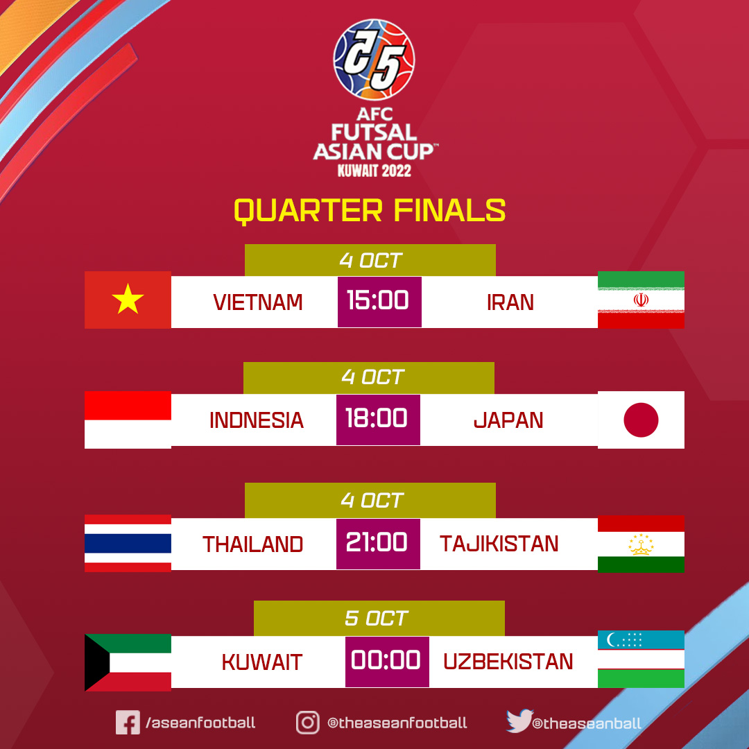 ASEAN FOOTBALL on Twitter: " 𝐐𝐔𝐀𝐑𝐓𝐄𝐑-𝐅𝐈𝐍𝐀𝐋𝐈𝐒𝐓𝐒 ⏱️GMT+7 15:00 | Vietnam 🇻🇳-🇮🇷 Iran 18:00 ...