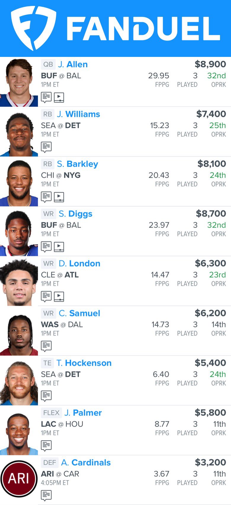 DFS CONSULT on Twitter: "Cash/small gpps Full Roster #NFL lineup for the main slate Make sure to ...