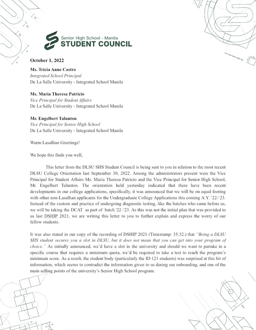 DLSU SHS Student Council on Twitter: "READ: The DLSU SHS Student Council’s letter to the Admin ...
