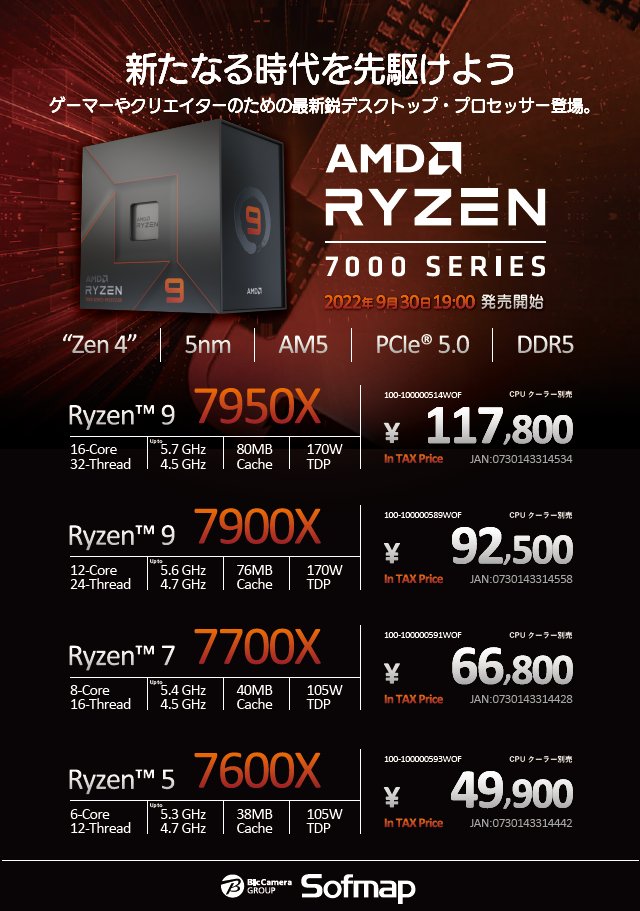 ソフマップAKIBA パソコン・デジタル館 on Twitter: "\ 新たなる時代を先駆けよう ／ AMD最新CPU RYZEN7000シリーズ好評発売中 AKIBAパソデジ館2Fにて、全 ...