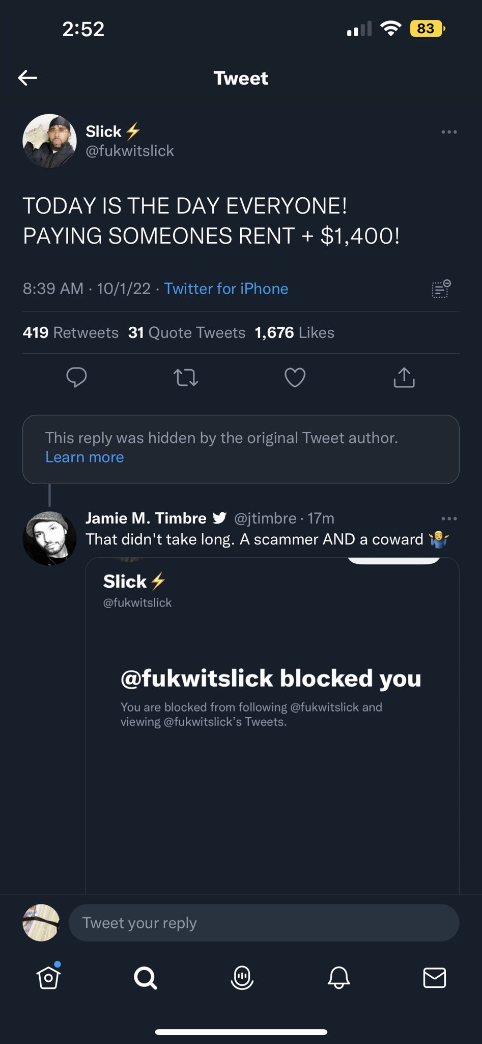 Jamie M. Timbre on Twitter: "@fukwitslick you can hide my tweets and delete your own, but I'll ...