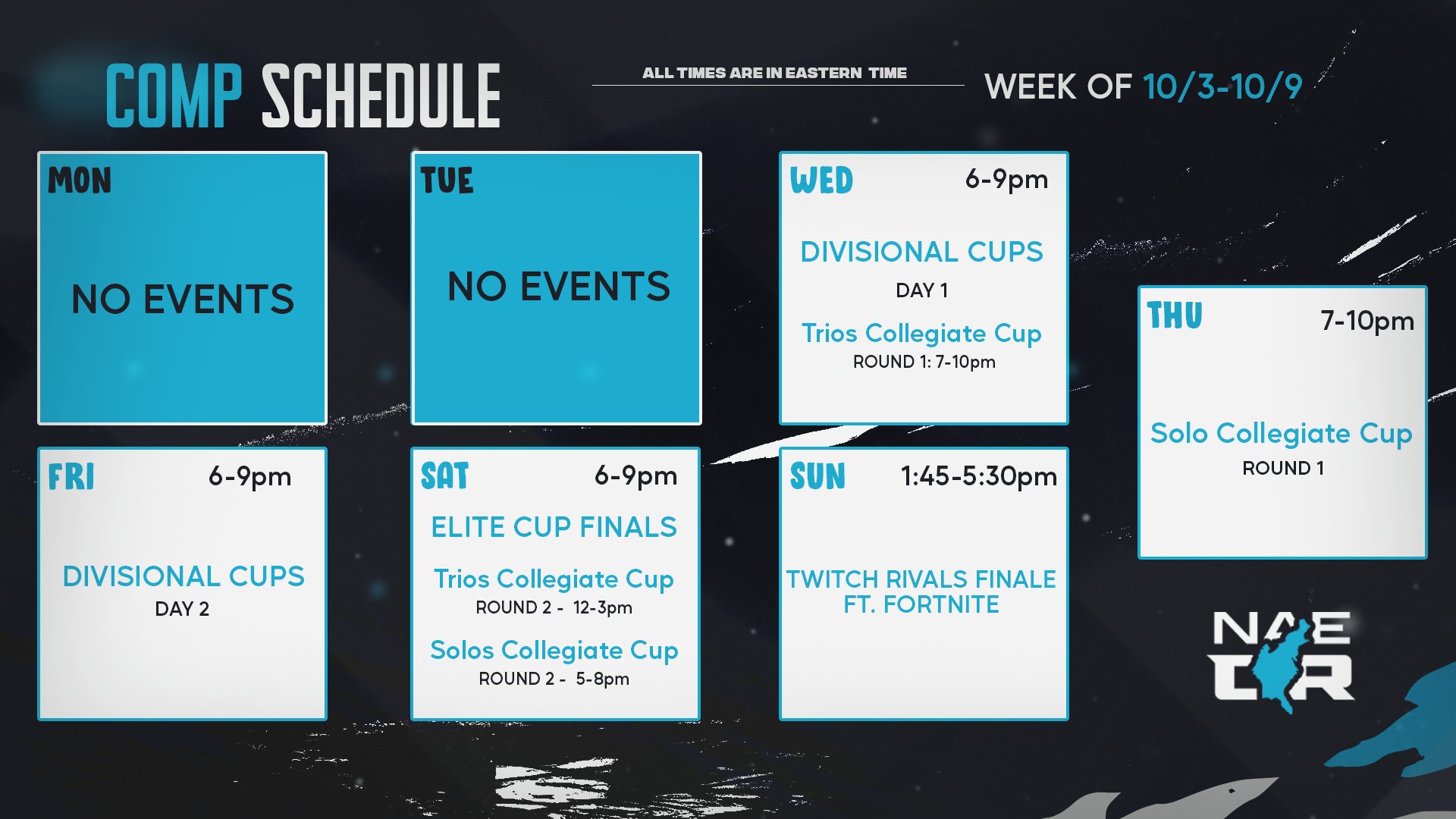 NAE Comp Report on Twitter: "Comp Schedule for the Week of 10/3-10/9 🌎 https://t.co/oQbizLwvgJ ...