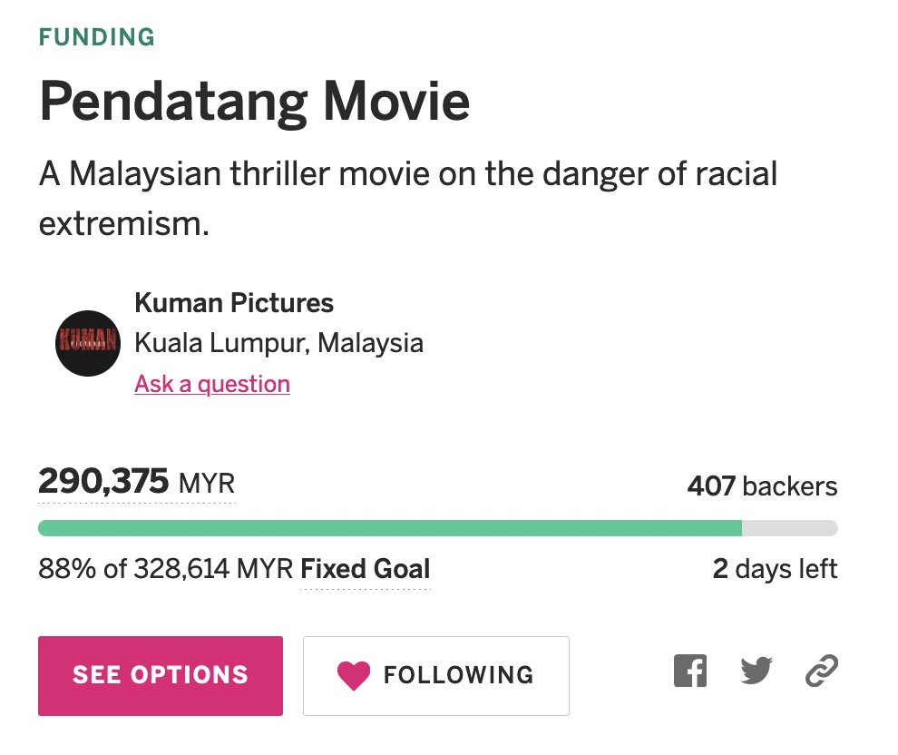 Kuman Pictures on Twitter: "Update: 90% https://indiegogo.com/projects/pendatang-movie#/…"