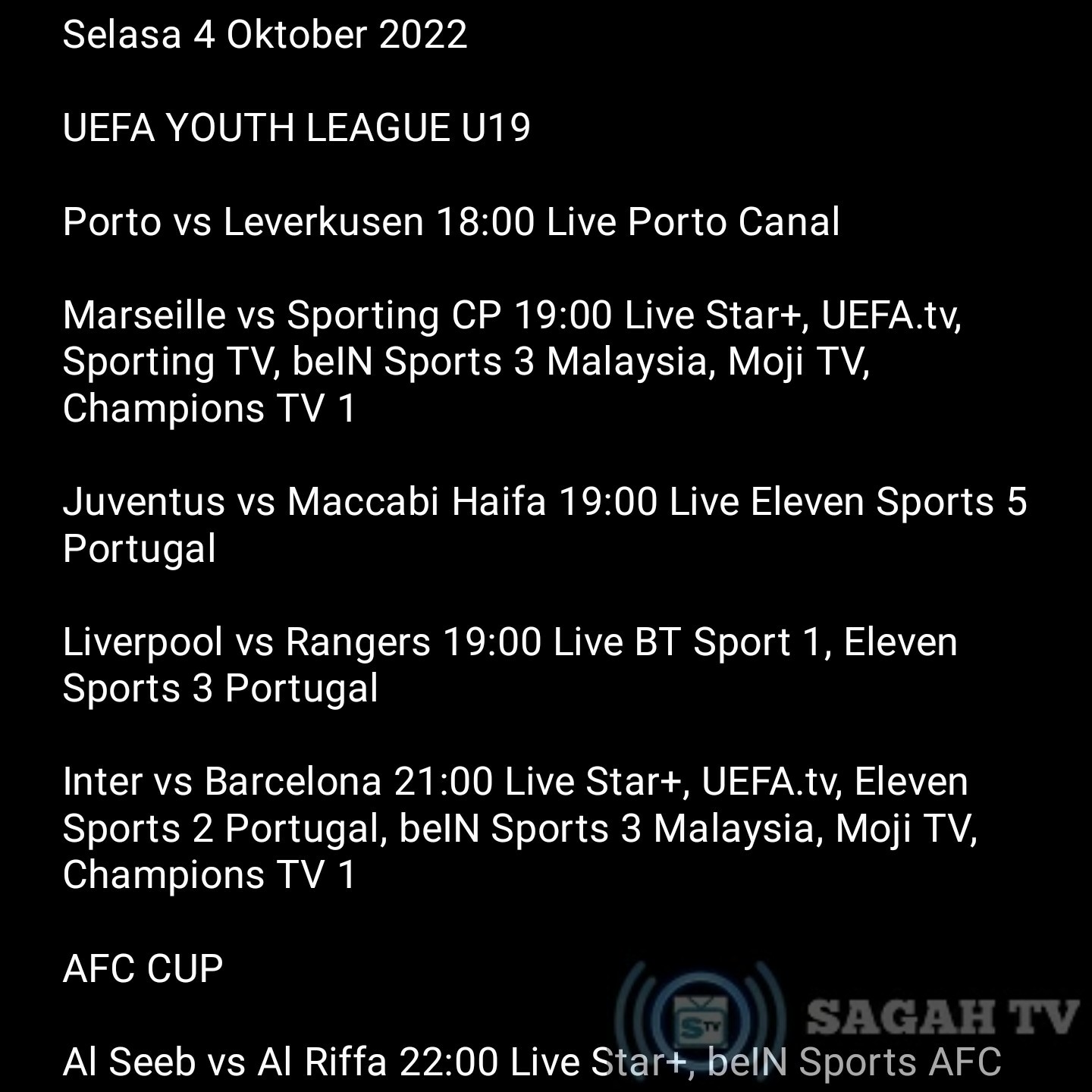 sagahtvlive on Twitter: "RT @sagahtvlive: #Jadwal Siaran Langsung UYL U19, AFC Cup Dan UEFA ...
