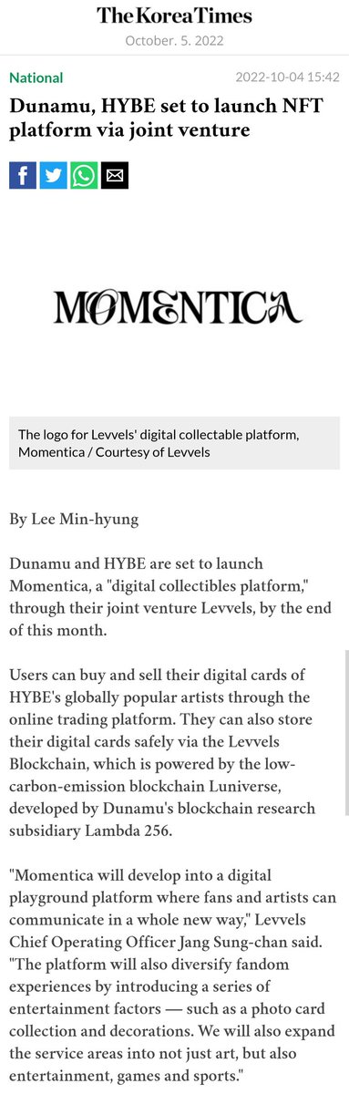 BTS Merch⁷ on Twitter: "Dunamu x Hybe to launch a MOMENTICA NFT platform through their joint ...