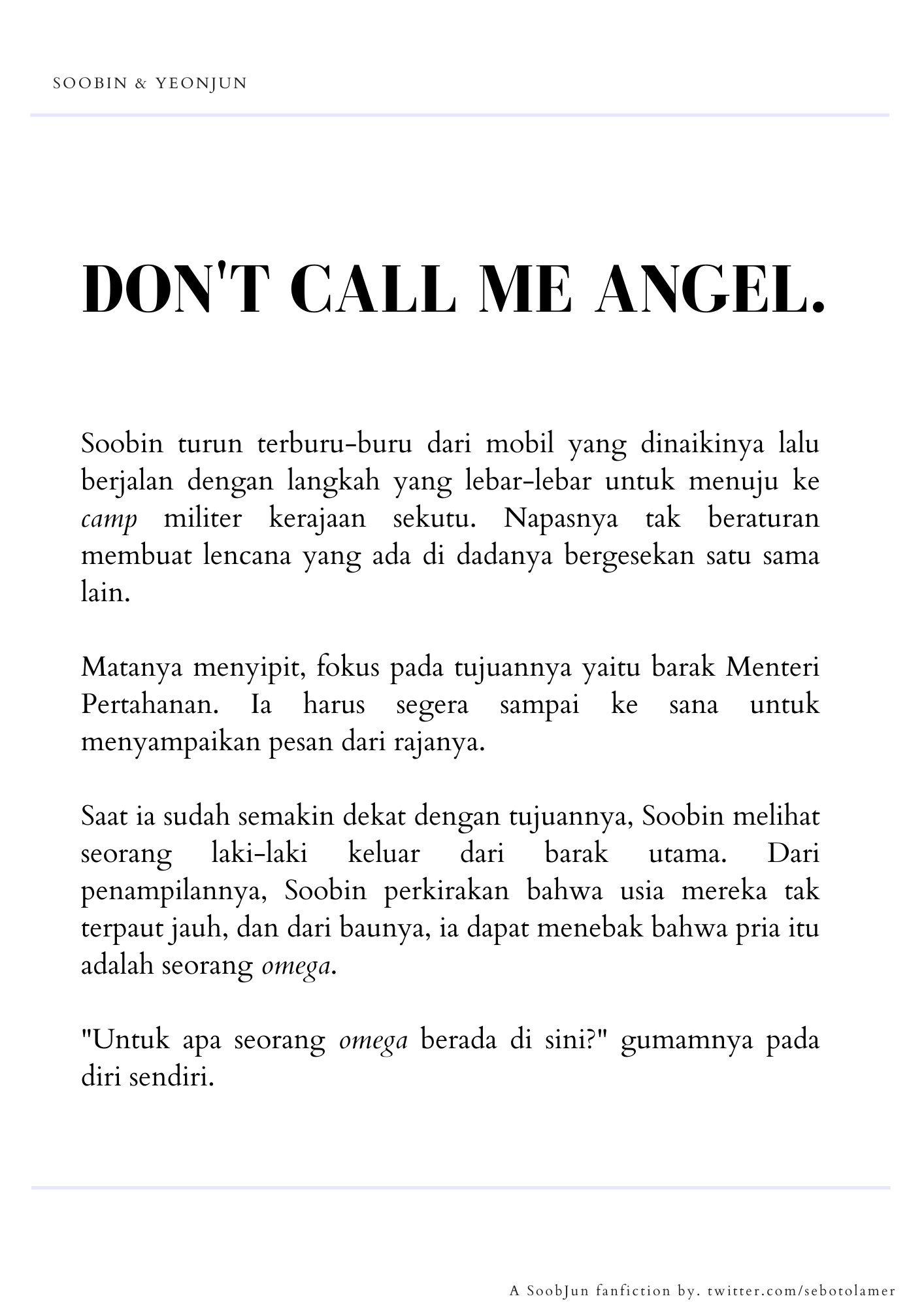 K. on Twitter: "SoobJun Tags. war ; omegaverse ; commander!YJ but also omega!YJ ; alpha!SB ...