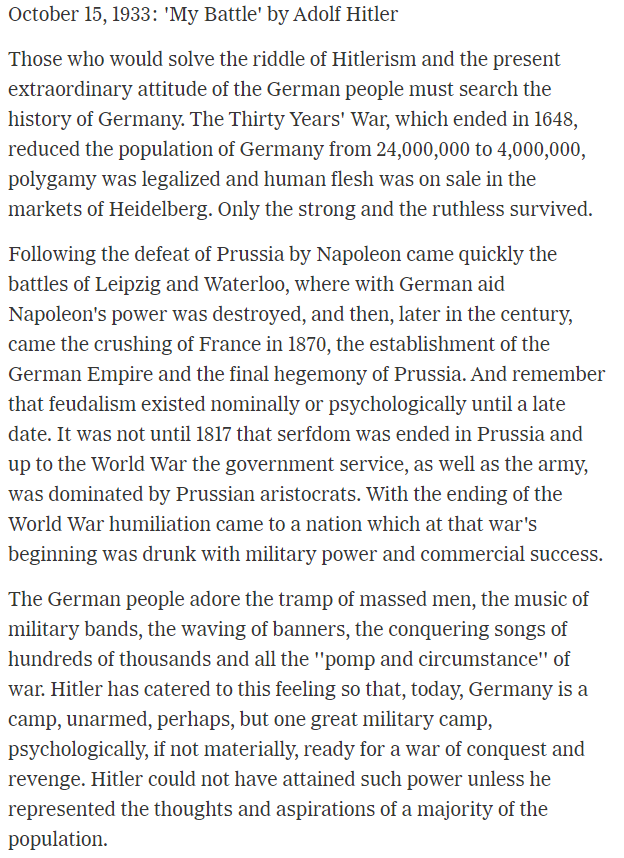 The 1933 review of Mein Kampf in the @nytime praised Hitler's ...