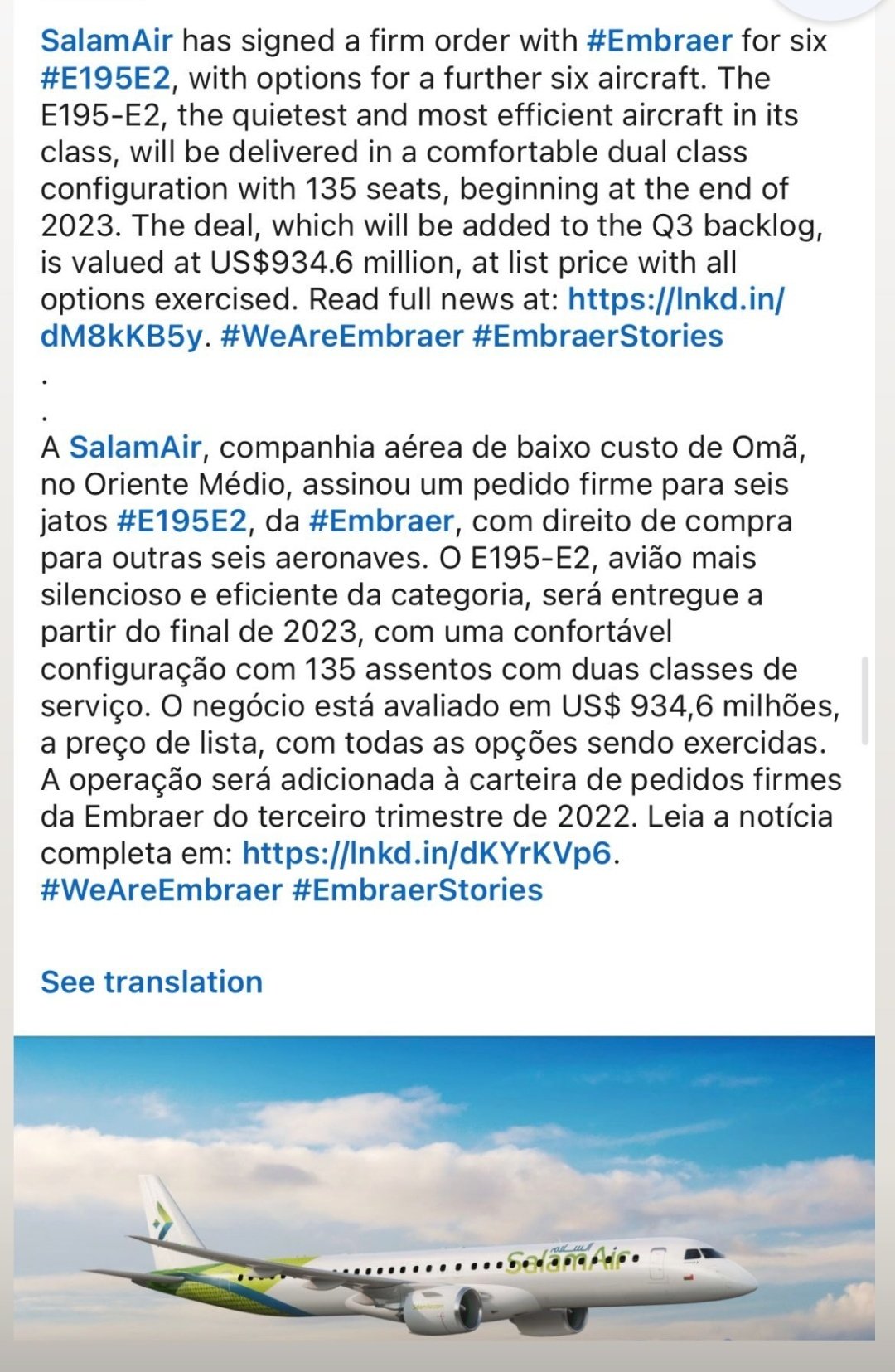 SalamAir on Twitter: "SalamAir, has announced a firm order for six Embraer E195-E2 passenger ...