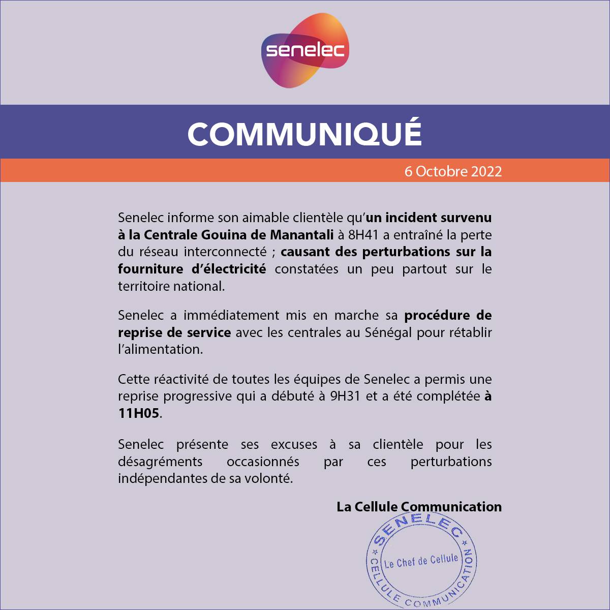 SENELEC L'officiel on Twitter: "Informations concernant les incidents de ce jour. https://t.co ...
