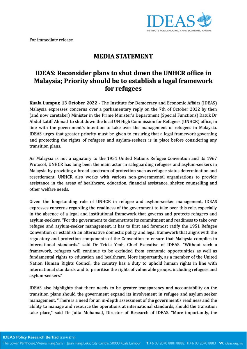 IDEAS Malaysia on Twitter: "MEDIA STATEMENT IDEAS: Reconsider plans to shut down the UNHCR ...