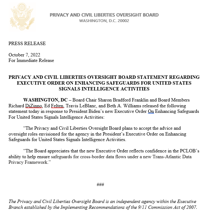 PCLOB on Twitter: "The Privacy and Civil Liberties Oversight Board has released the following ...