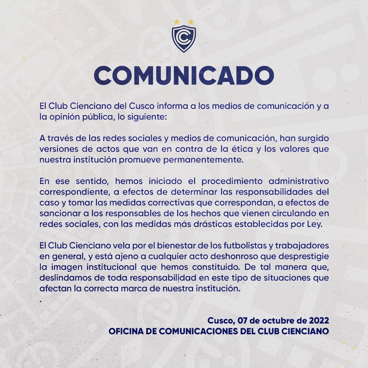 Club Cienciano on Twitter: "📝 Comunicado oficial https://t.co/I81oaYWqVk" / Twitter