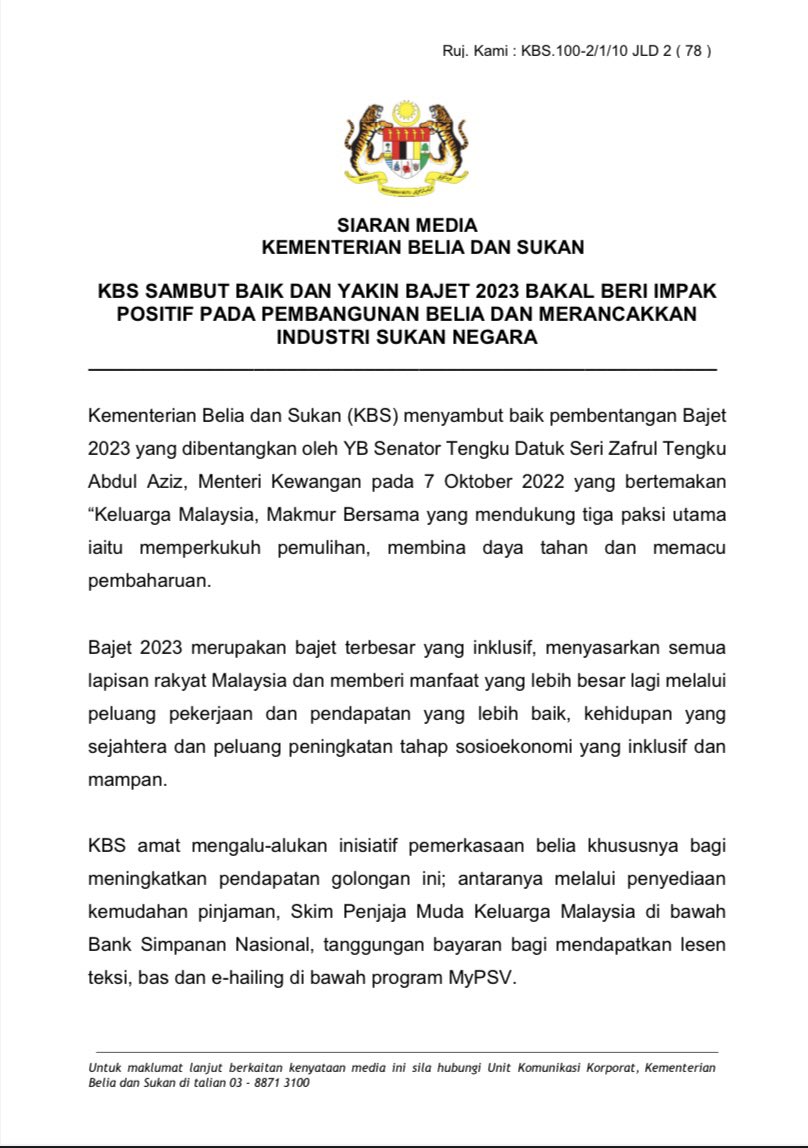 KBSMalaysia on Twitter: "SIARAN MEDIA KEMENTERIAN BELIA DAN SUKAN - KBS SAMBUT BAIK DAN YAKIN ...