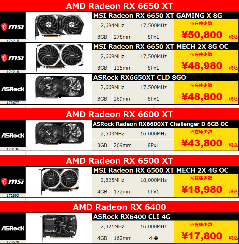 ドスパラ町田店 on Twitter: "【GPU 価格（Radeon）店頭在庫情報】 ※画像は本日OPEN時点での在庫価格表です。 商品のお問い合わせについてはメール・電話で受付しております ...
