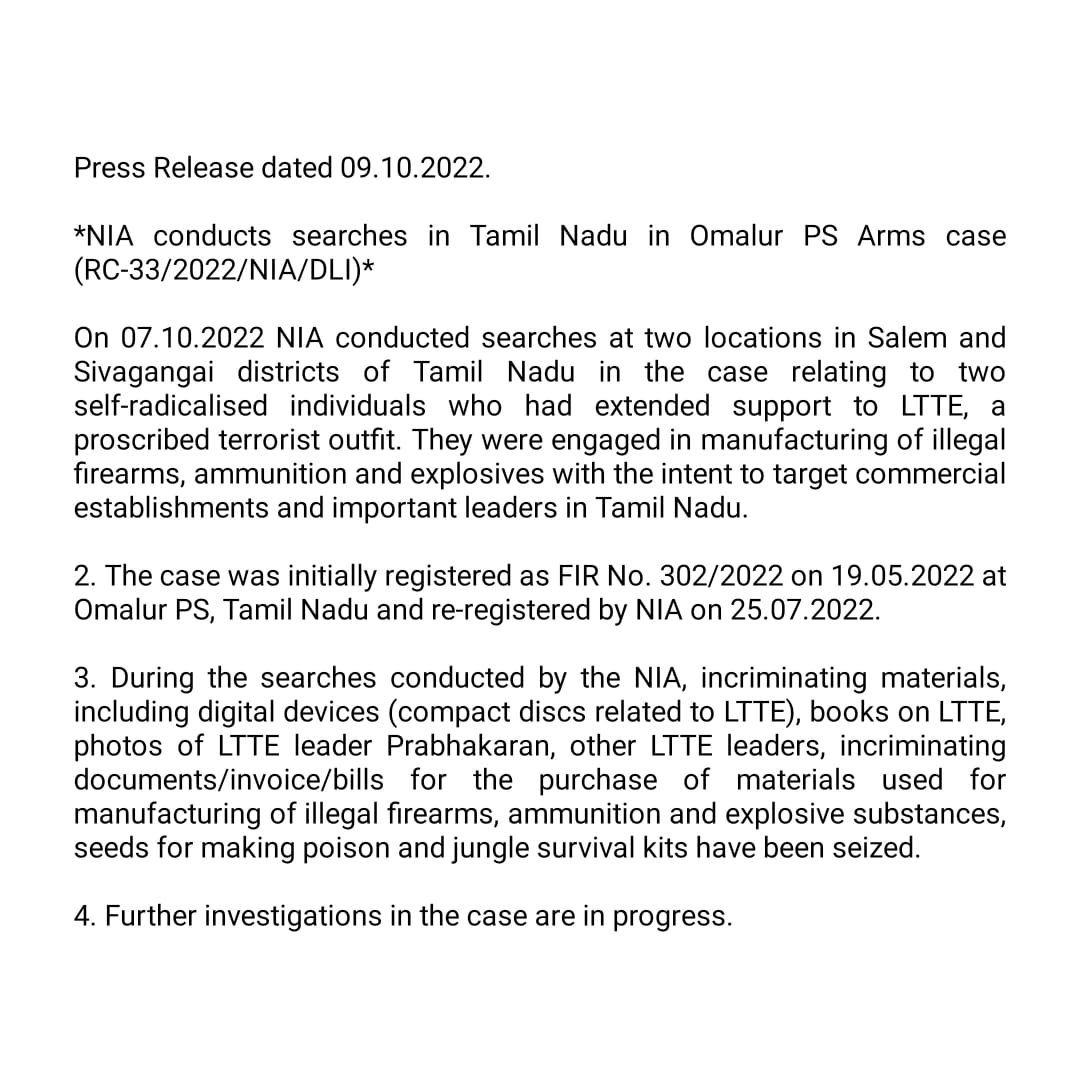 NIA India on Twitter: "NIA conducts searches in Tamil Nadu in Omalur PS Arms case (RC-33/2022 ...