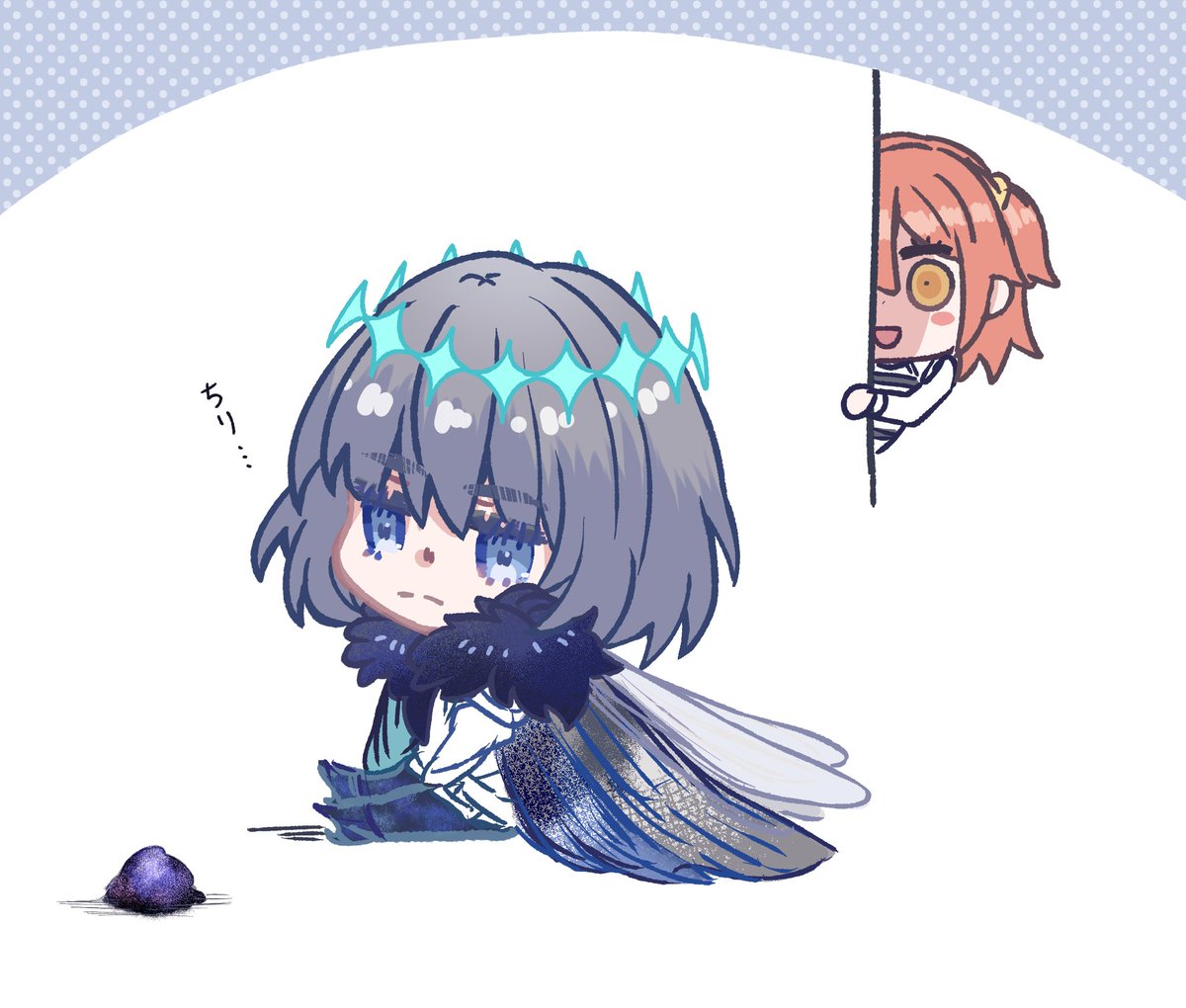 fujimaru ritsuka (female) ,oberon (fate) 1boy 1girl blue eyes orange hair wings grey hair chibi ...