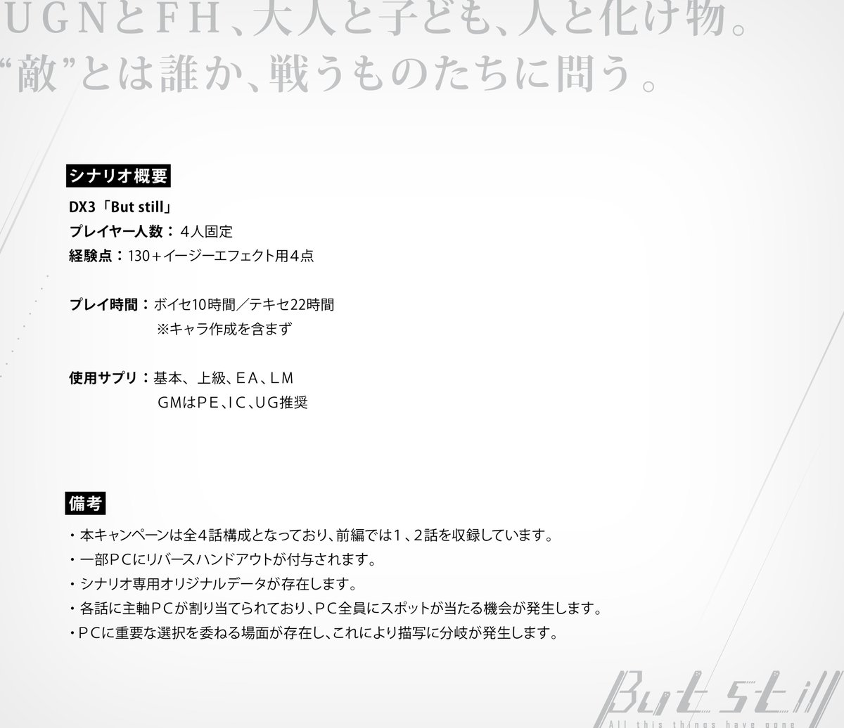 noshi🐳🚑ゲムマ2022秋(日-イ12) on Twitter: "🤖ゲムマ秋告知🤖 DX3rd非公式キャンペーンシナリオ集 『But still・前編』 ゲムマ秋2日目イ-12にてPL4 ...