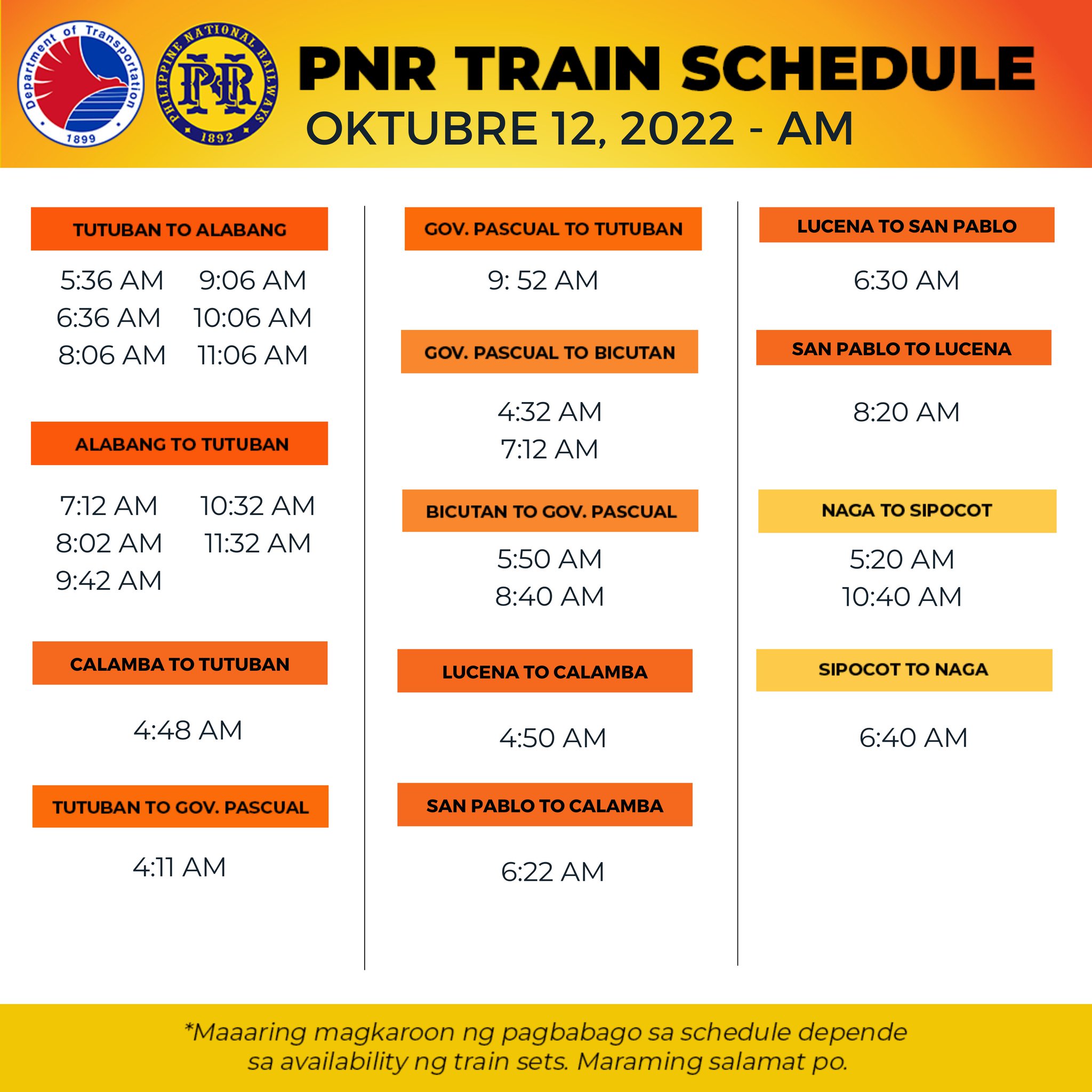 PNR_GovPH on Twitter: "ANNOUNCEMENT: Philippine National Railways (PNR) TRAIN SCHEDULE BUKAS NG ...