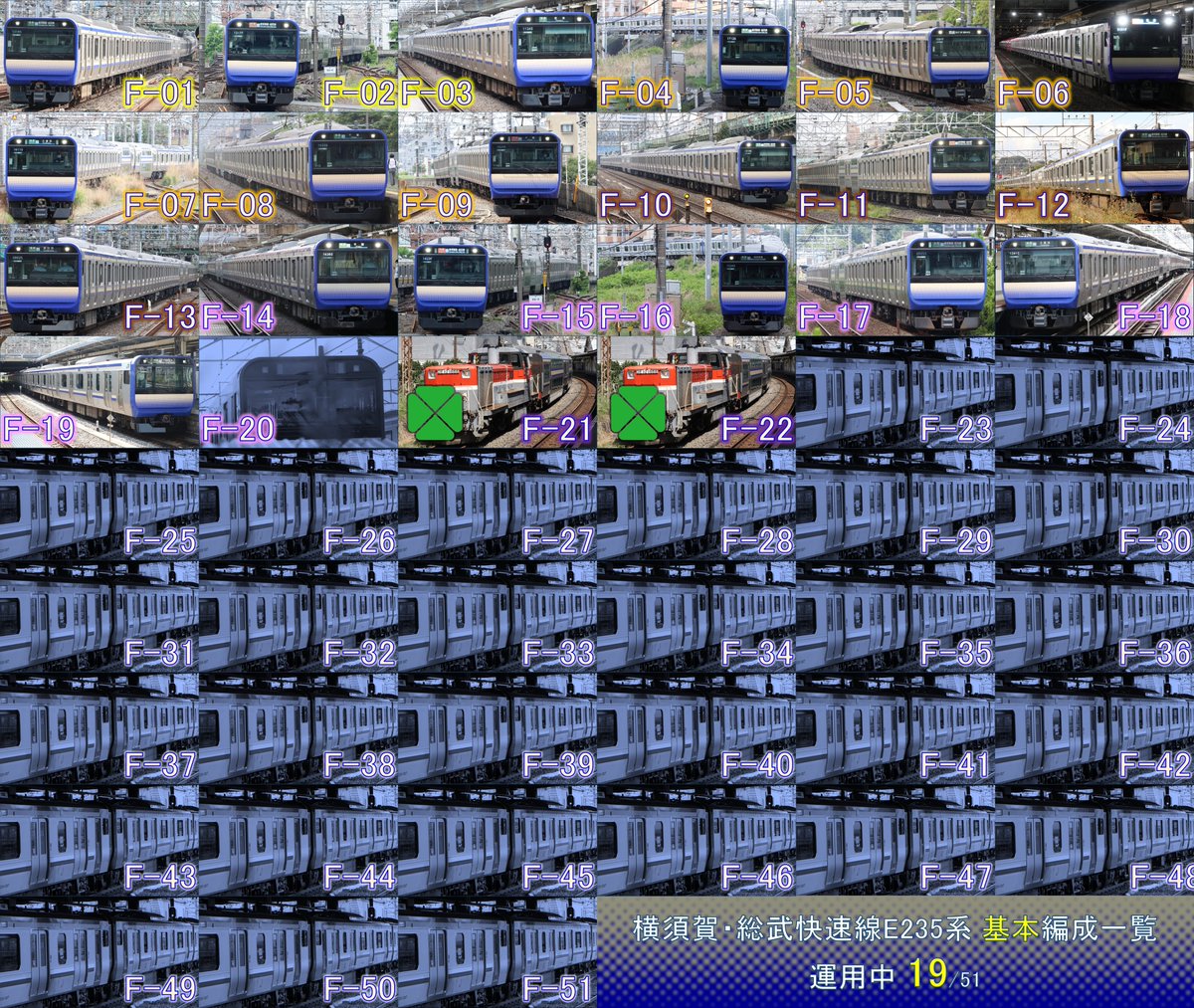 松の木 on Twitter: "横須賀・総武快速線E217/E235系全編成一覧【22.10.12更新】 E217系基本編成 29編成運用中 4編成疎開 13編成廃車/解体 E217系付属 ...