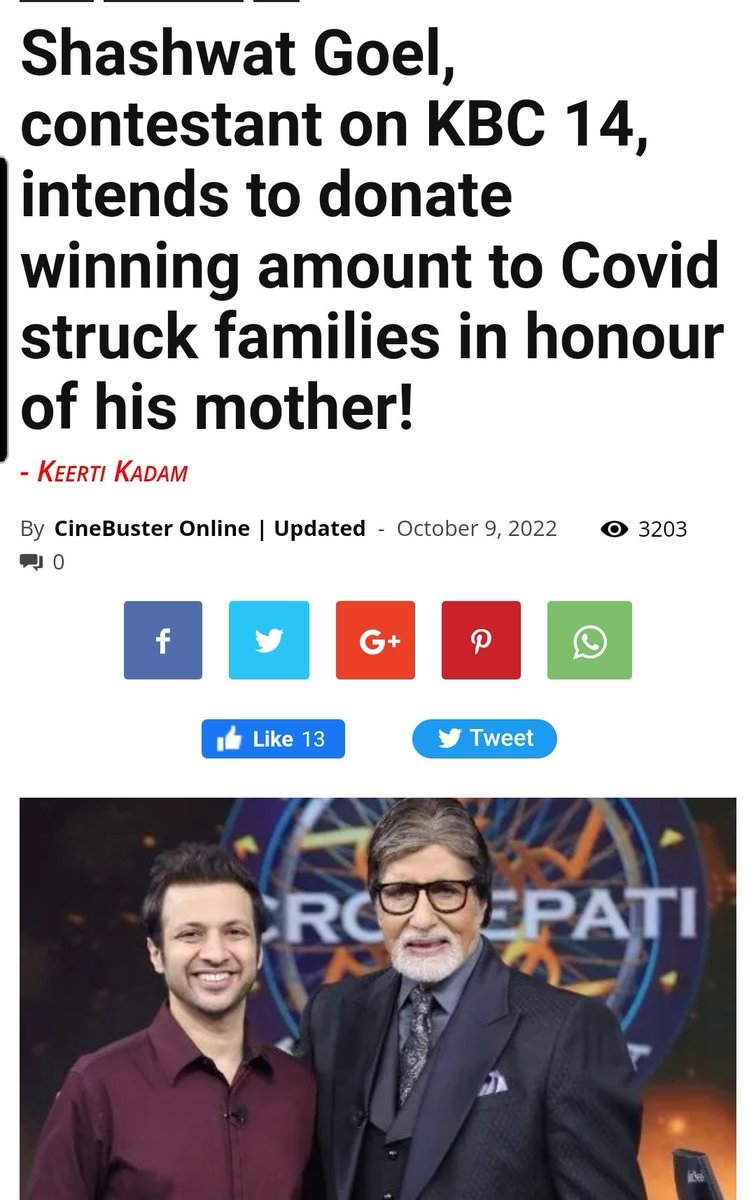 Shashwat Goel won a crore in KBC 14 (final 75L) and pledged to donate it towards Covid hit ...