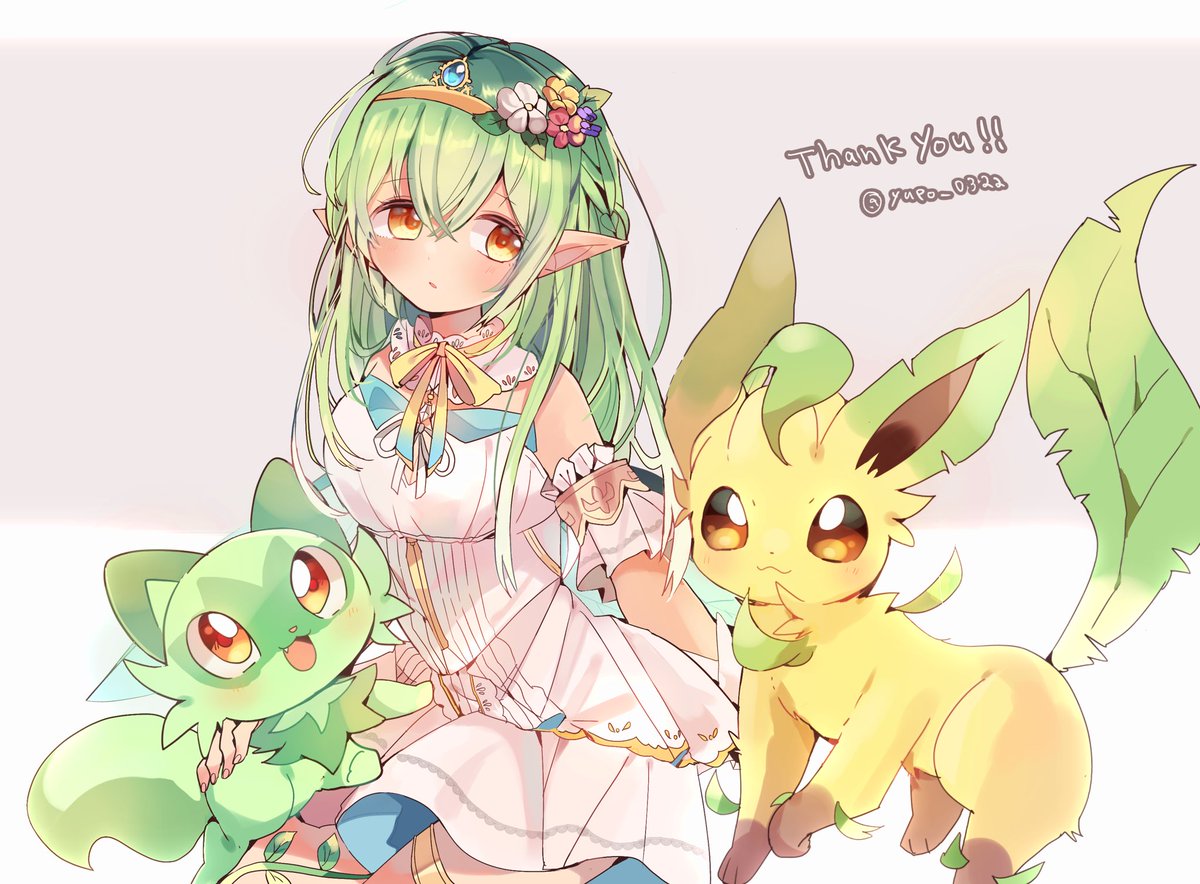 leafeon 1girl pointy ears green hair pokemon (creature) long hair dress ...
