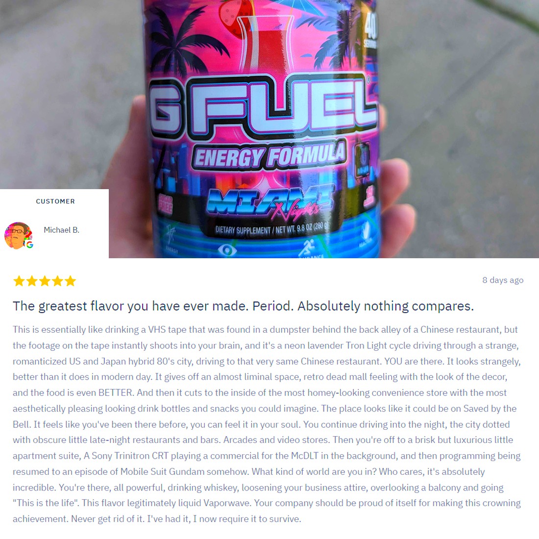 G FUEL® on Twitter: "An actual review that someone wrote about Miami Nights..."