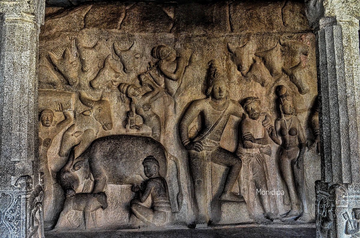 Goverdhana Uddhara. A beautiful bas relief of Sri Krishna lifting ...
