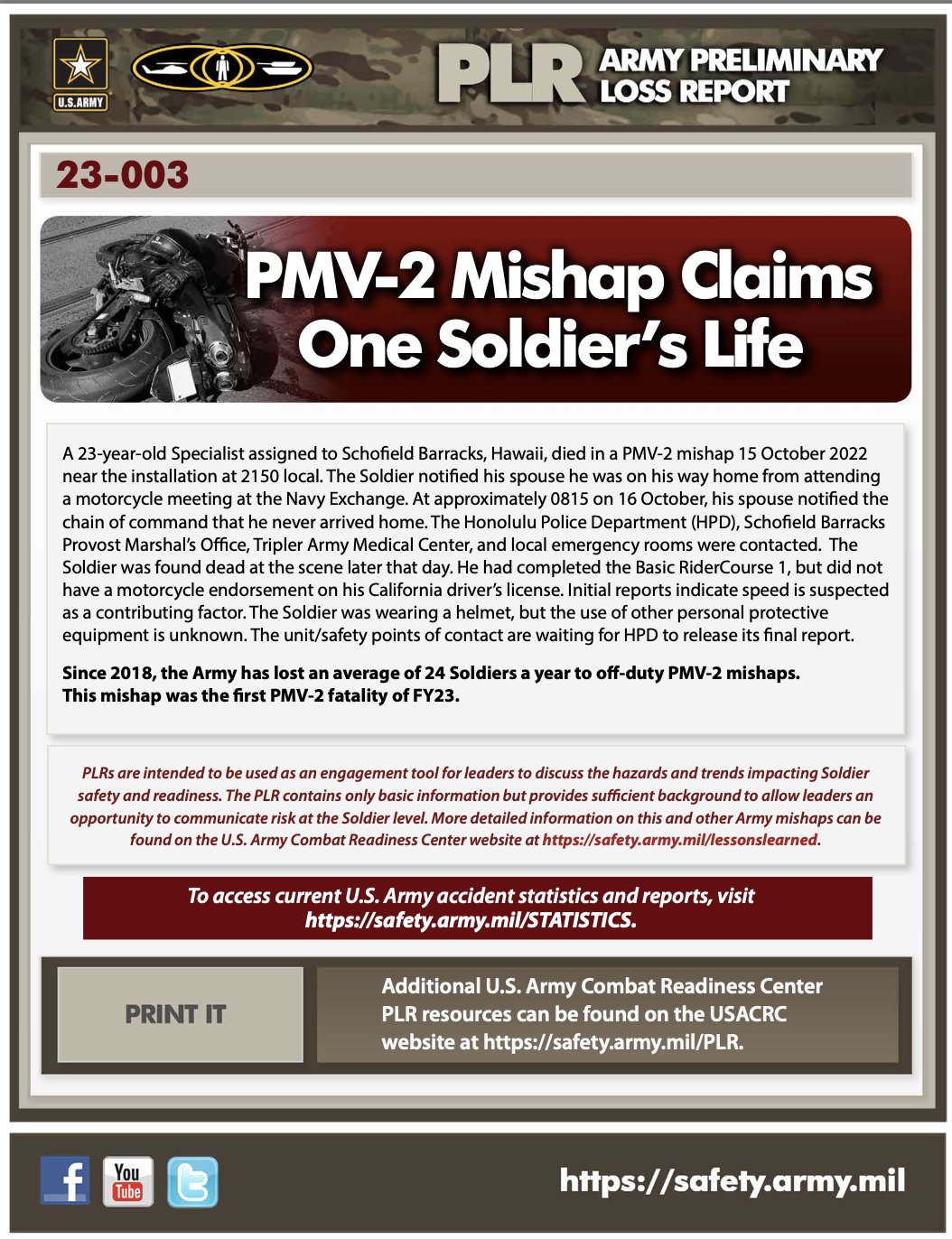 Army Combat Readiness Center on Twitter: "PMV-2 Mishap Claims One Soldier's Life A 23-yr-old SPC ...