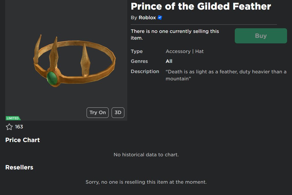 Roblox Trading News | Rolimon's on Twitter: "New Limited: Prince of the Gilded Feather https://t ...